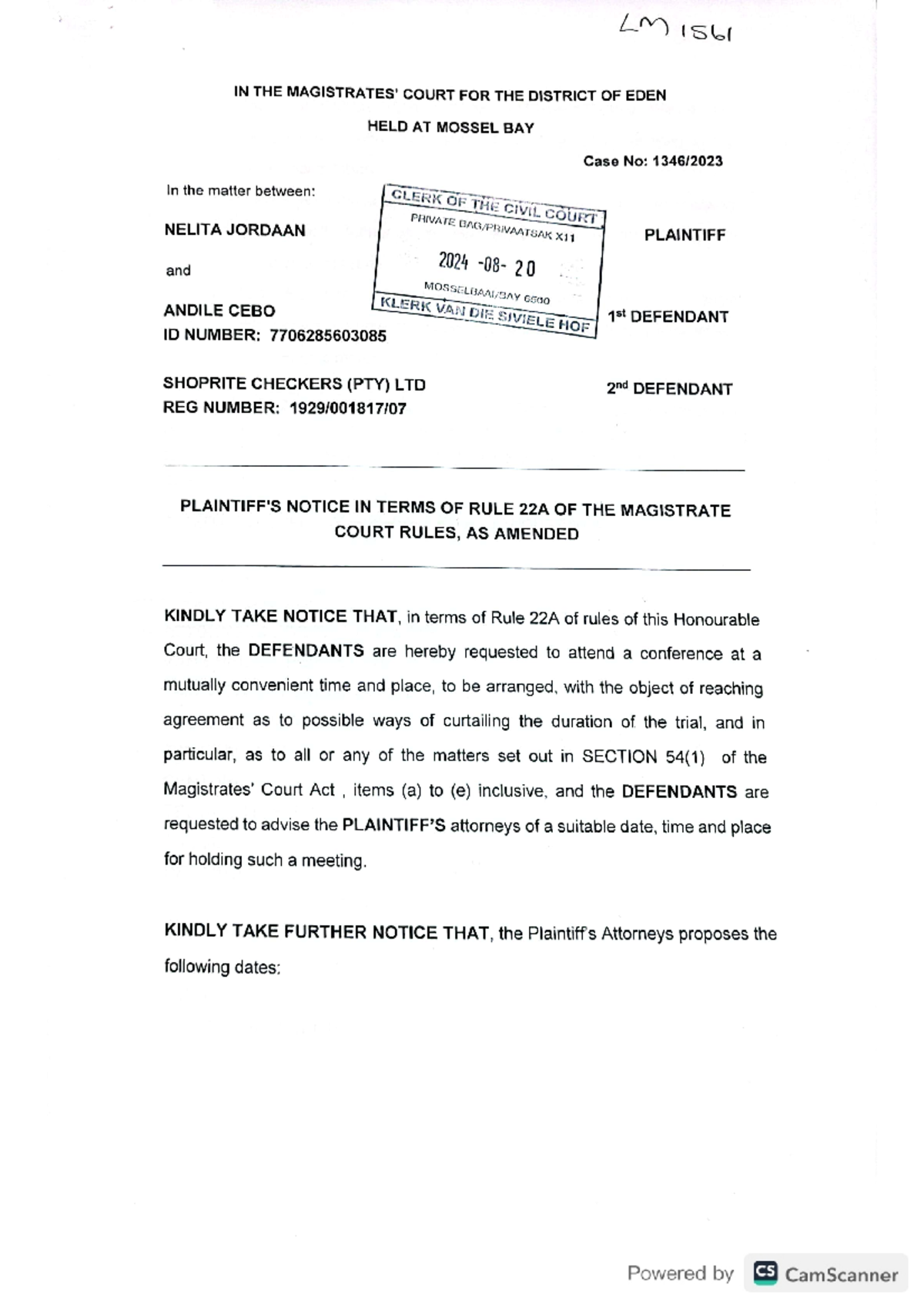 LM1561 - Notice Regarding Rule 22A Conference and Trial Preparation ...