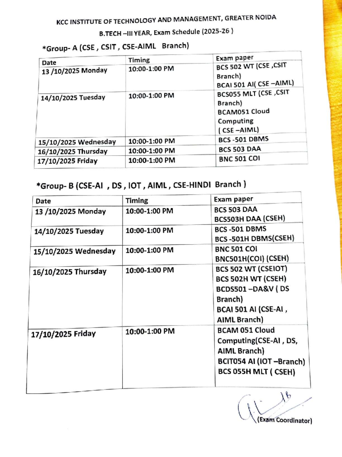 B.TECH Exam Schedule (CSE Branch) - Greater Noida KCC Institute - Studocu