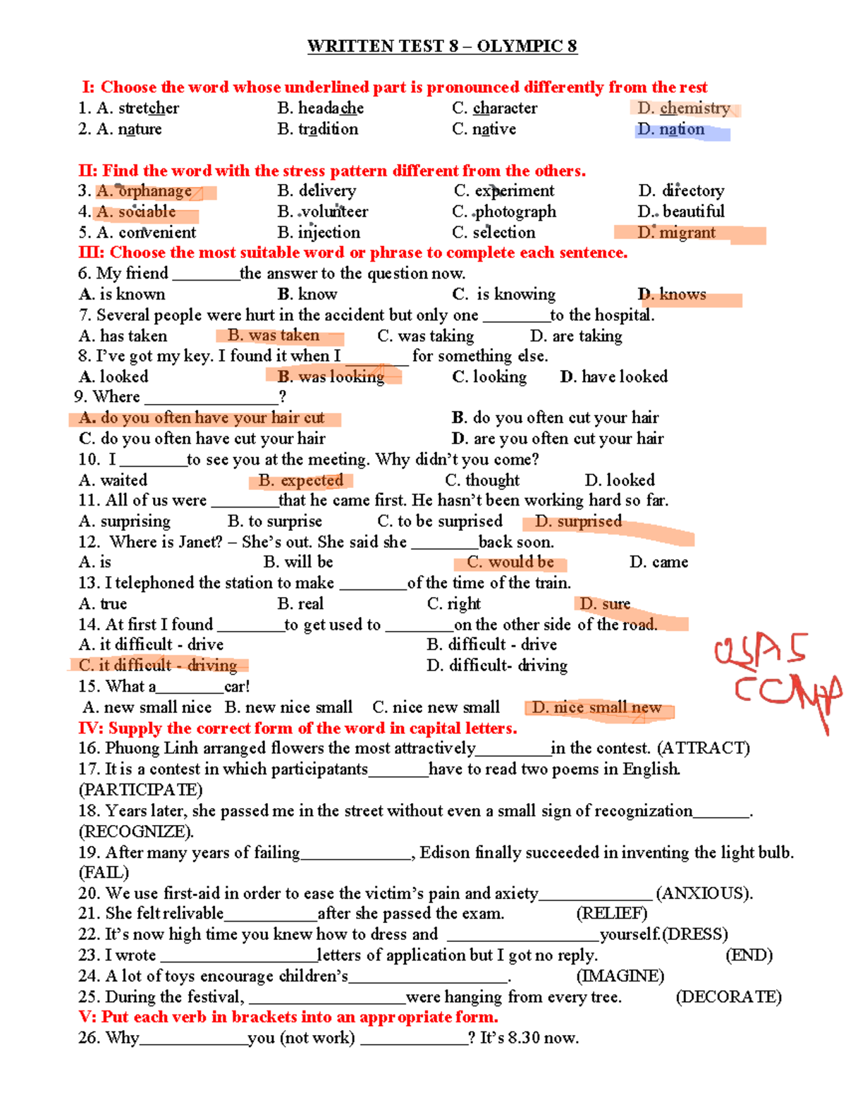 HSG 8 - Olympic - Written Test 8: Pronunciation & Vocabulary - Studocu