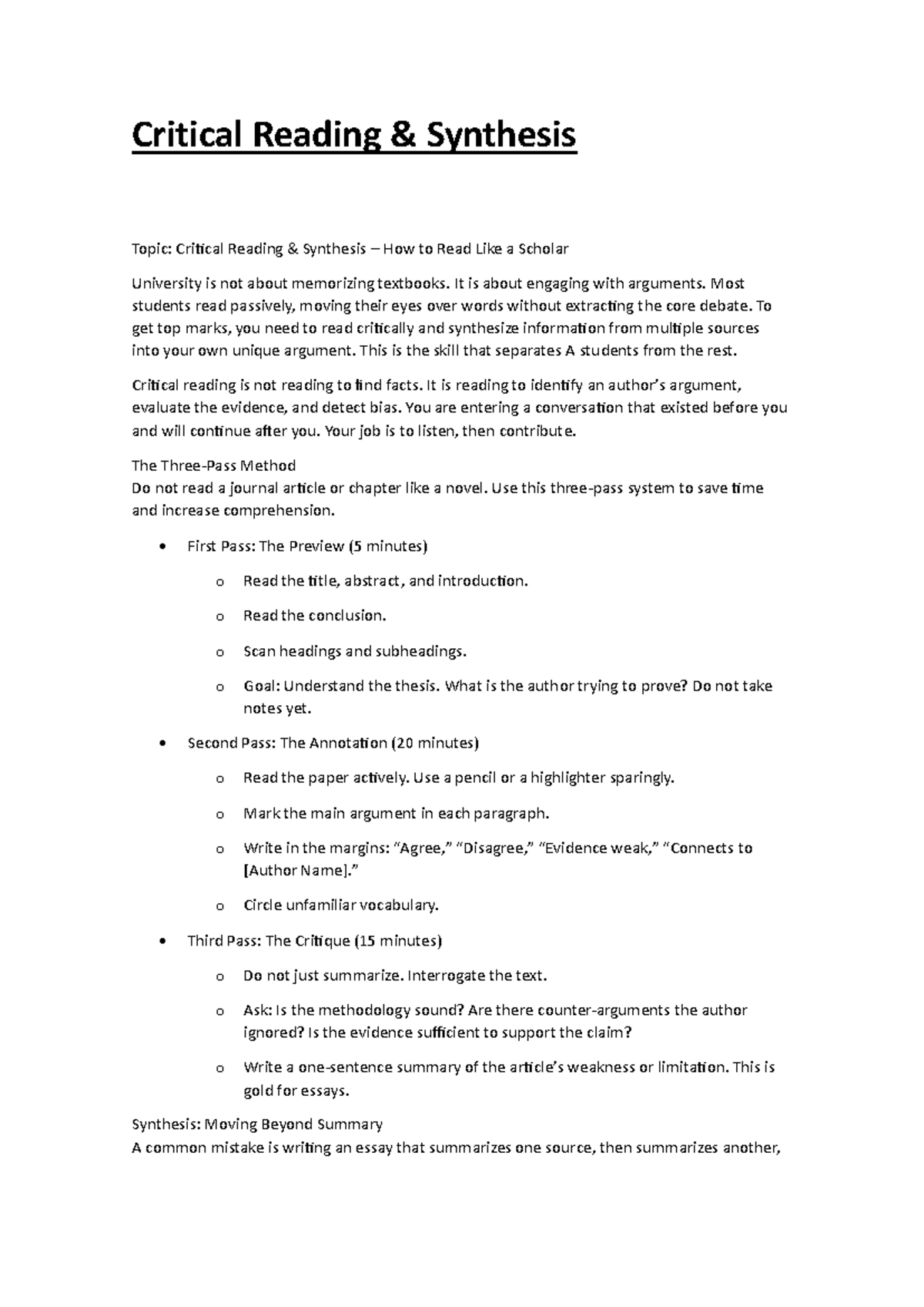 Critical Reading Synthesis Guide: Strategies for Scholars - Studocu