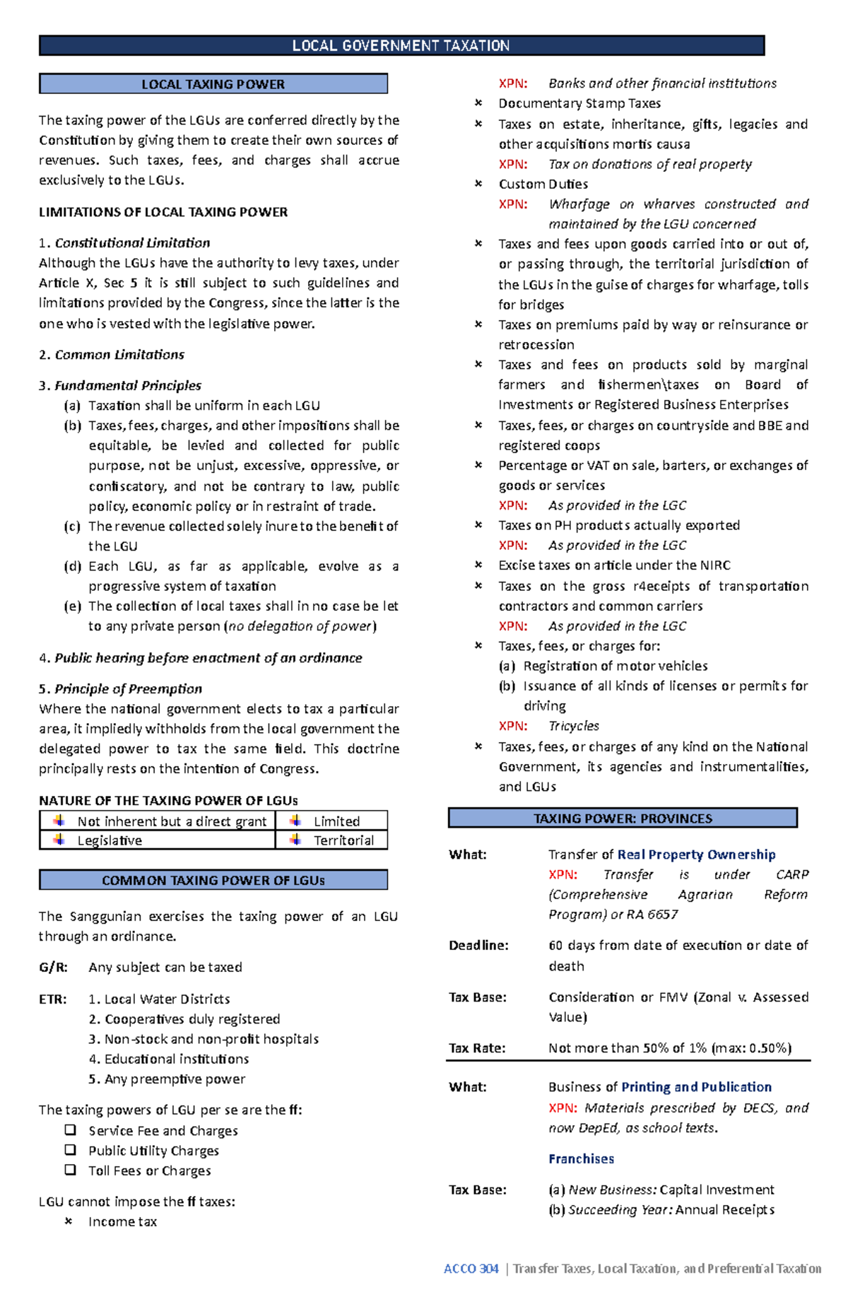 ACCO 304 Local Government Taxation: Taxing Power and Limitations - Studocu