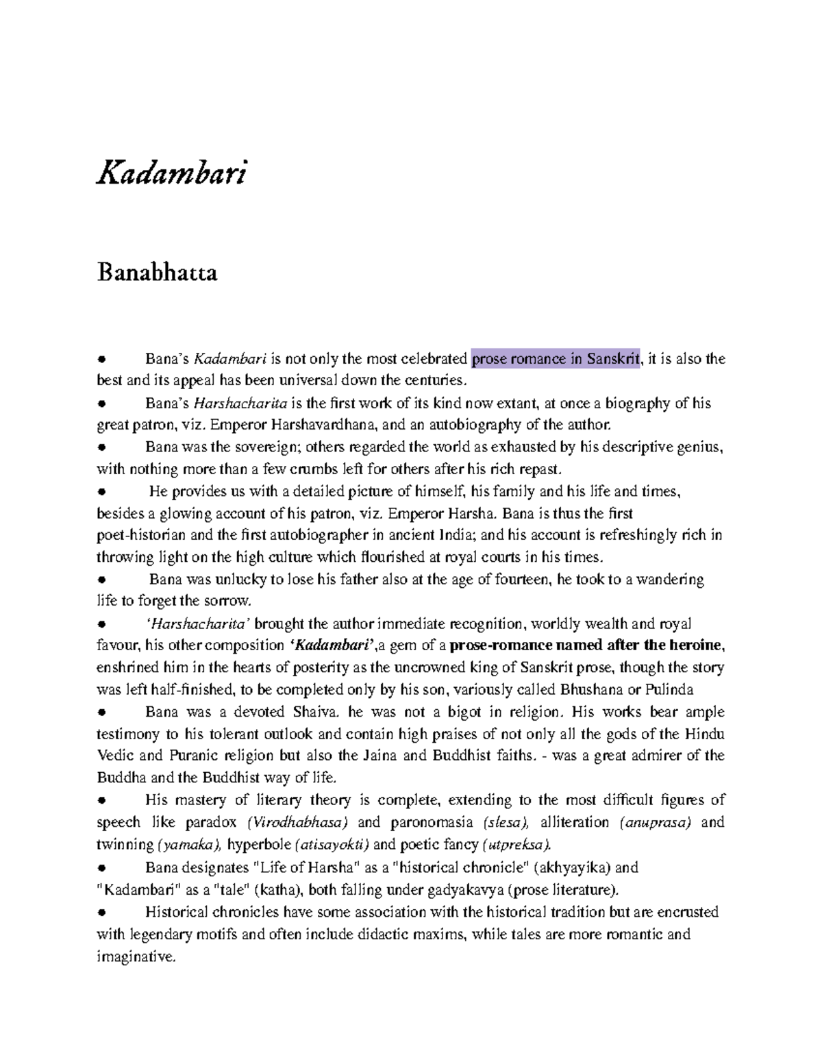 **Study Notes on Kadambari (Sanskrit Literature) - BANA101** - Studocu