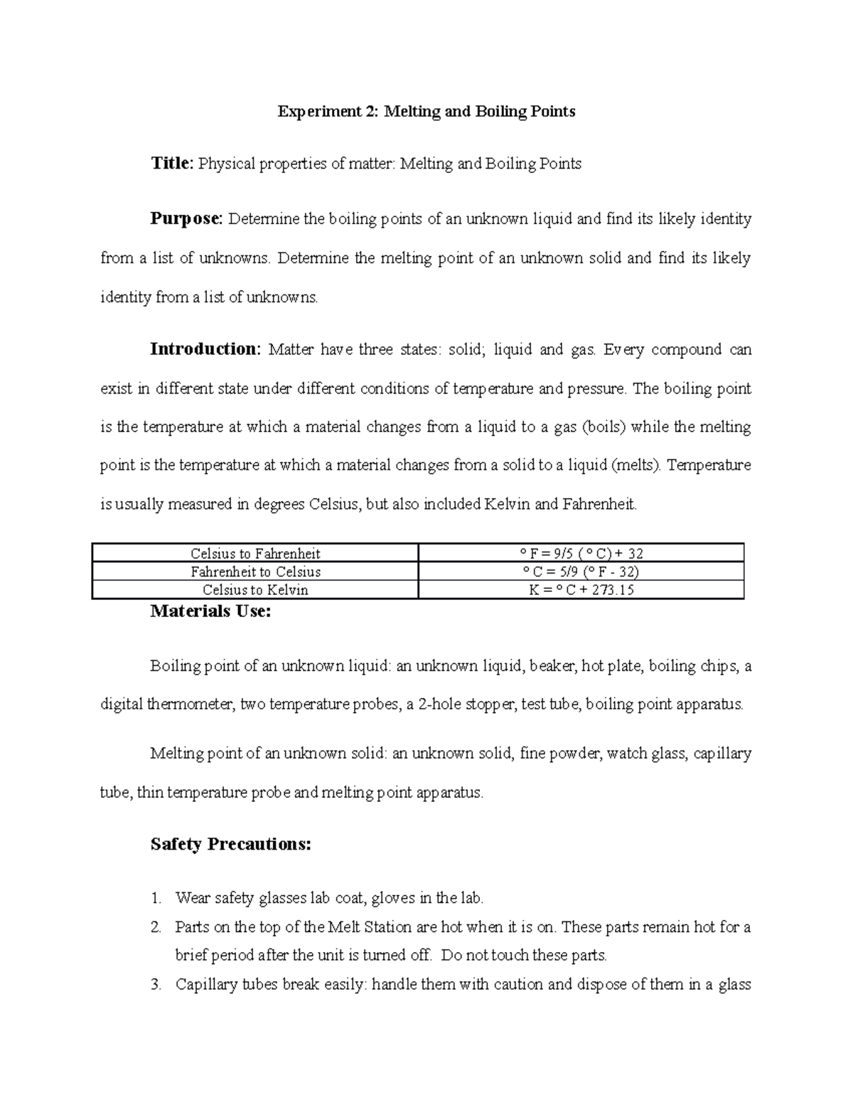 Experiment 2: Determining Melting and Boiling Points of Substances ...