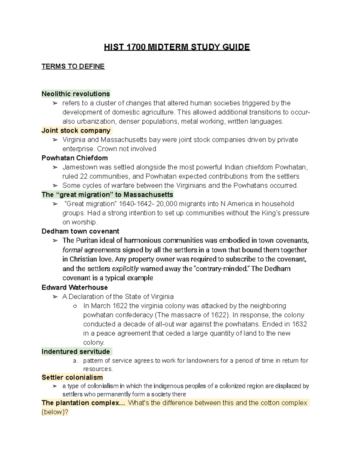 HIST 1700 midterm exam study guide - HIST 1700 MIDTERM STUDY GUIDE TERMS TO DEFINE Neolithic ...