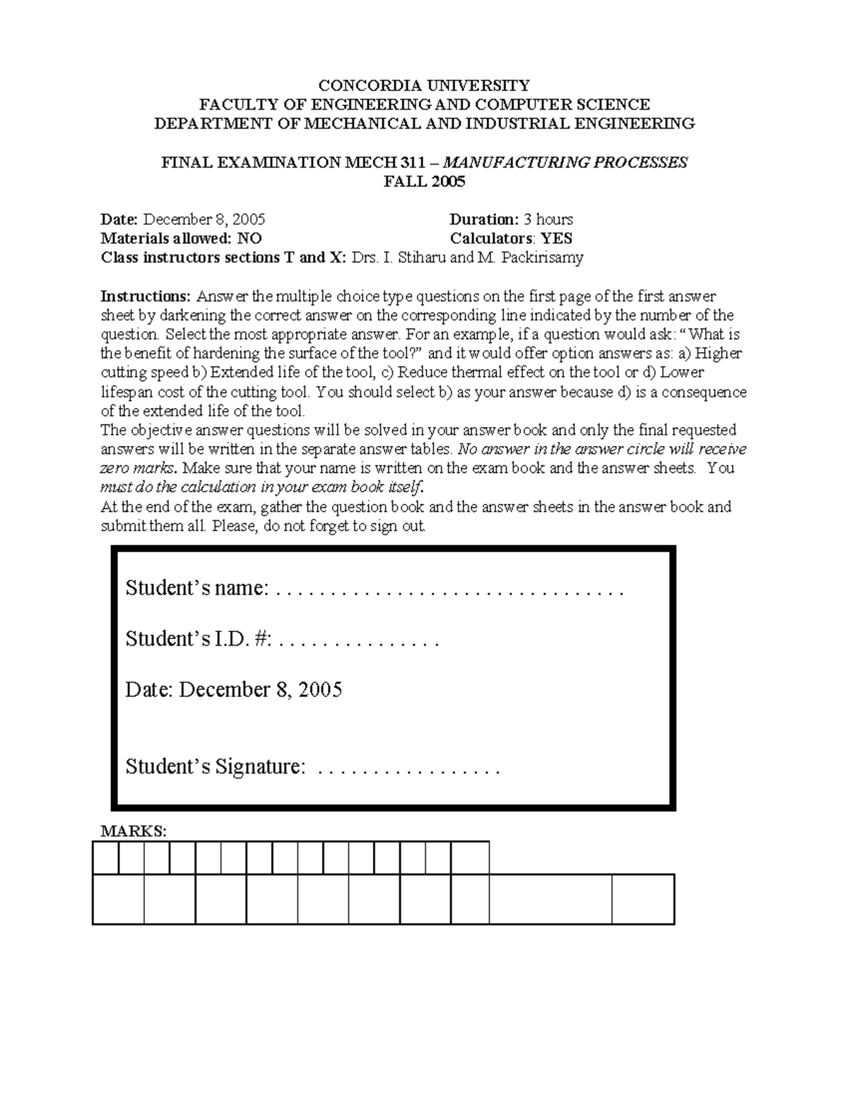 Final Exam MECH 311 - Manufacturing Processes Q&A, Dec 8, 2005 - Studocu