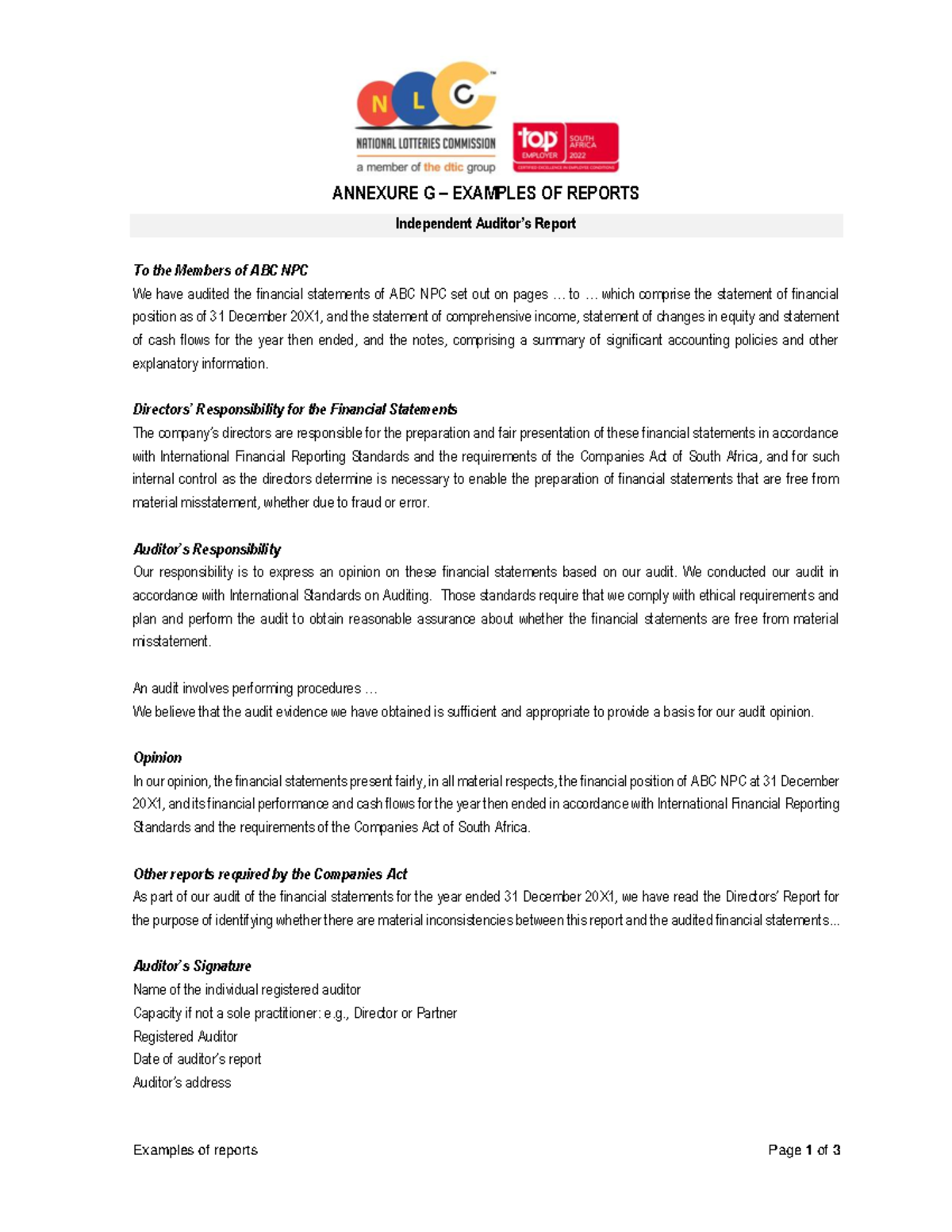 Audit and Review Reports: Examples for ABC NPC Financial Statements ...