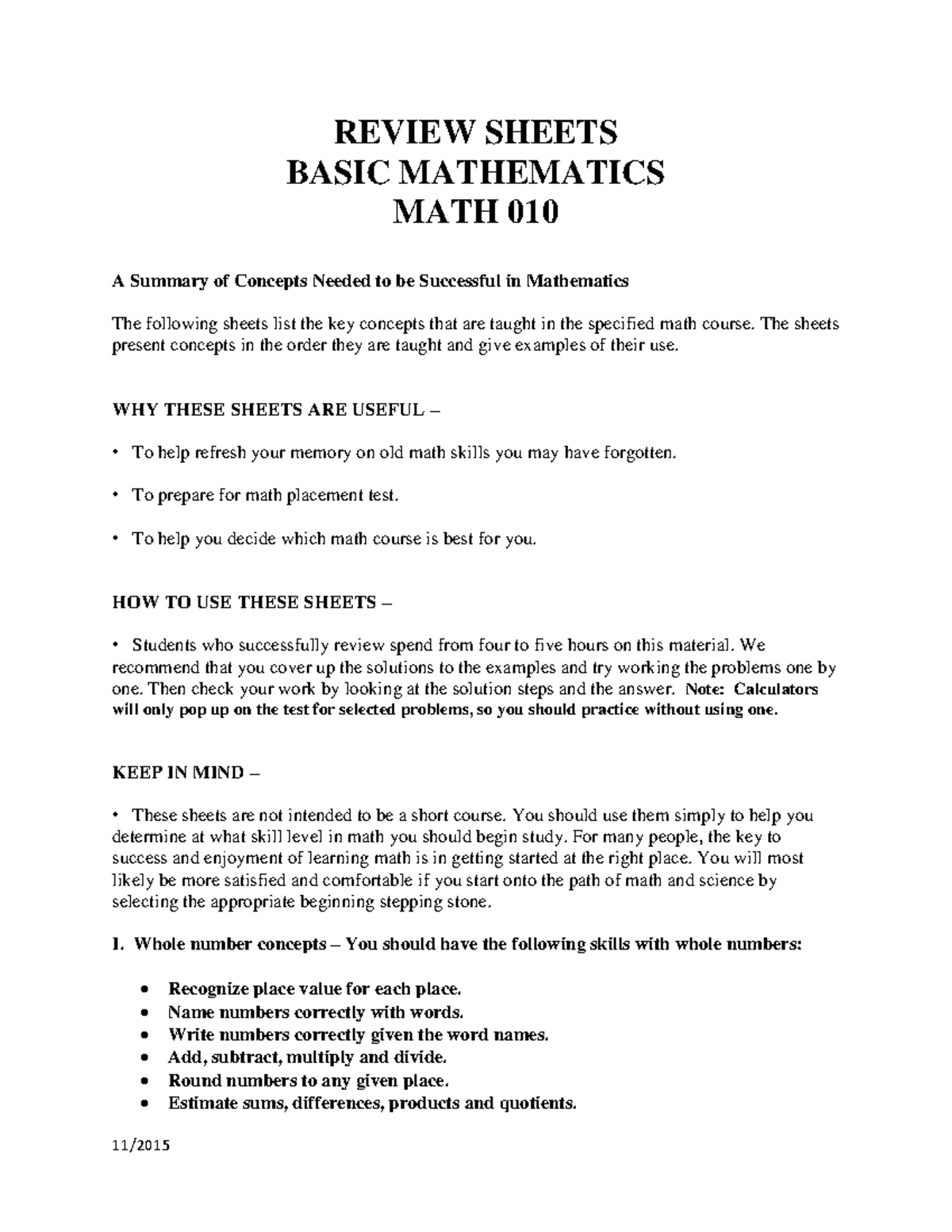 MTH010 Review Sheets: Key Concepts in Basic Mathematics - Studocu