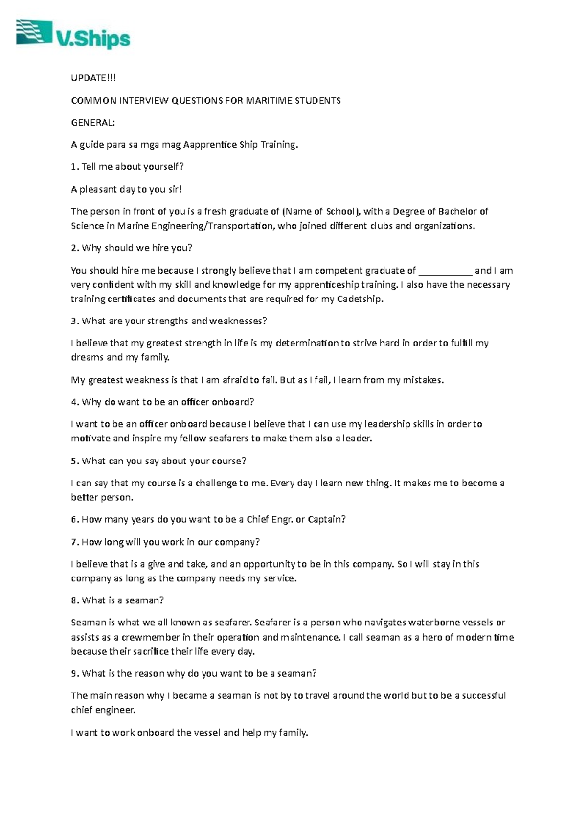 Maritime Cadets: Common Interview Q&A Guide for Aspiring Officers - Studocu
