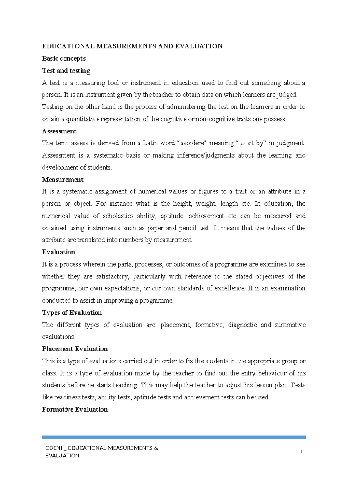 EDUCATIONAL MEASUREMENTS AND EVALUATION: Key Concepts and Types - Studocu