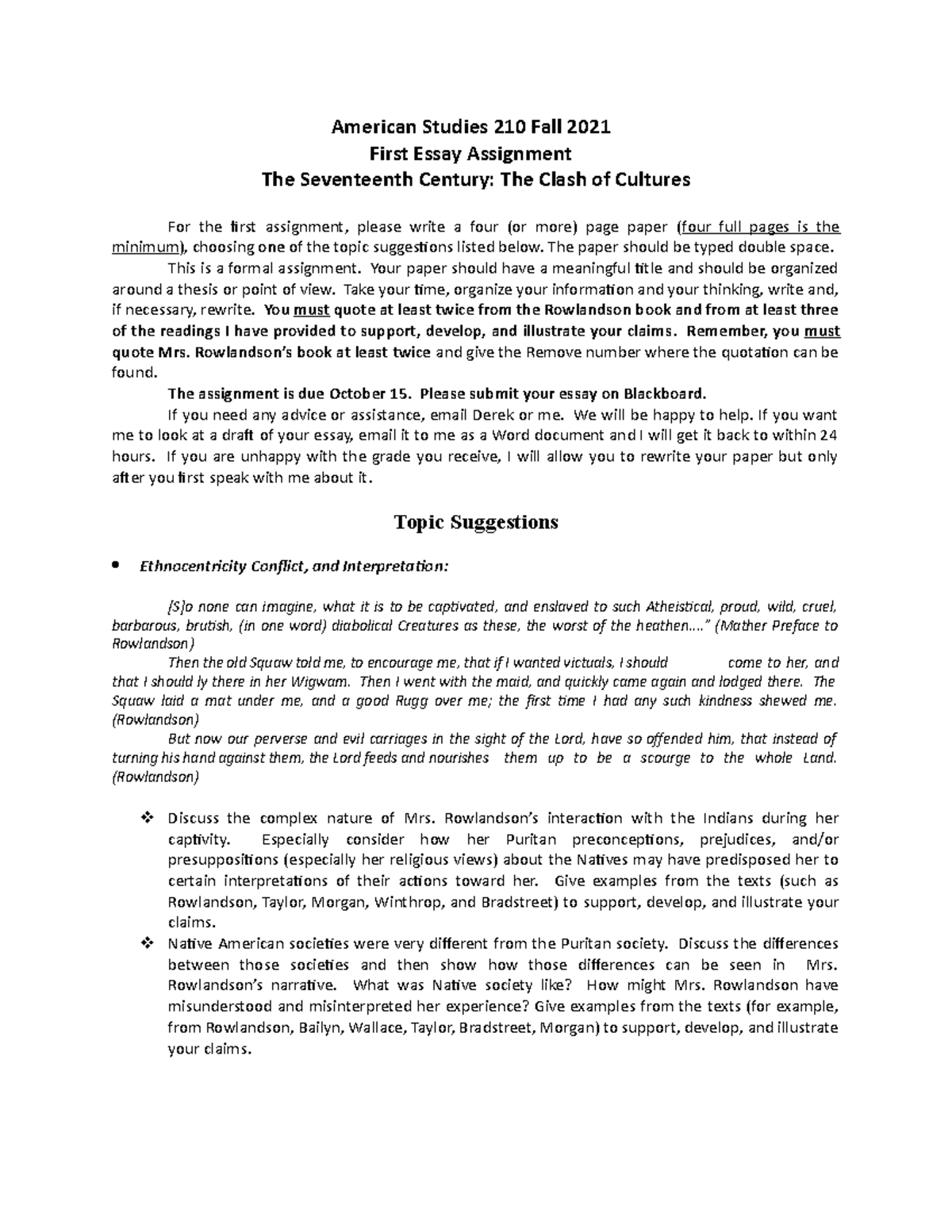 17th Century Essay Assignment Fall 2021 - American Studies 210 Fall ...