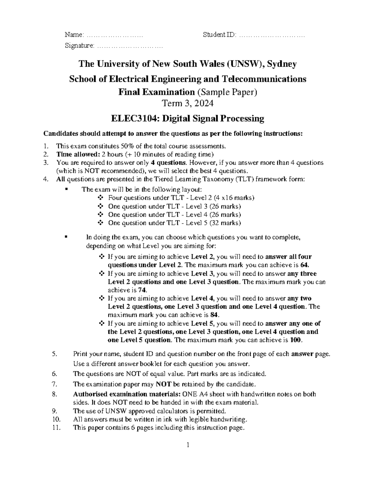 ELEC3104 Sample Final Exam Paper - T3 2024: Digital Signal Processing ...