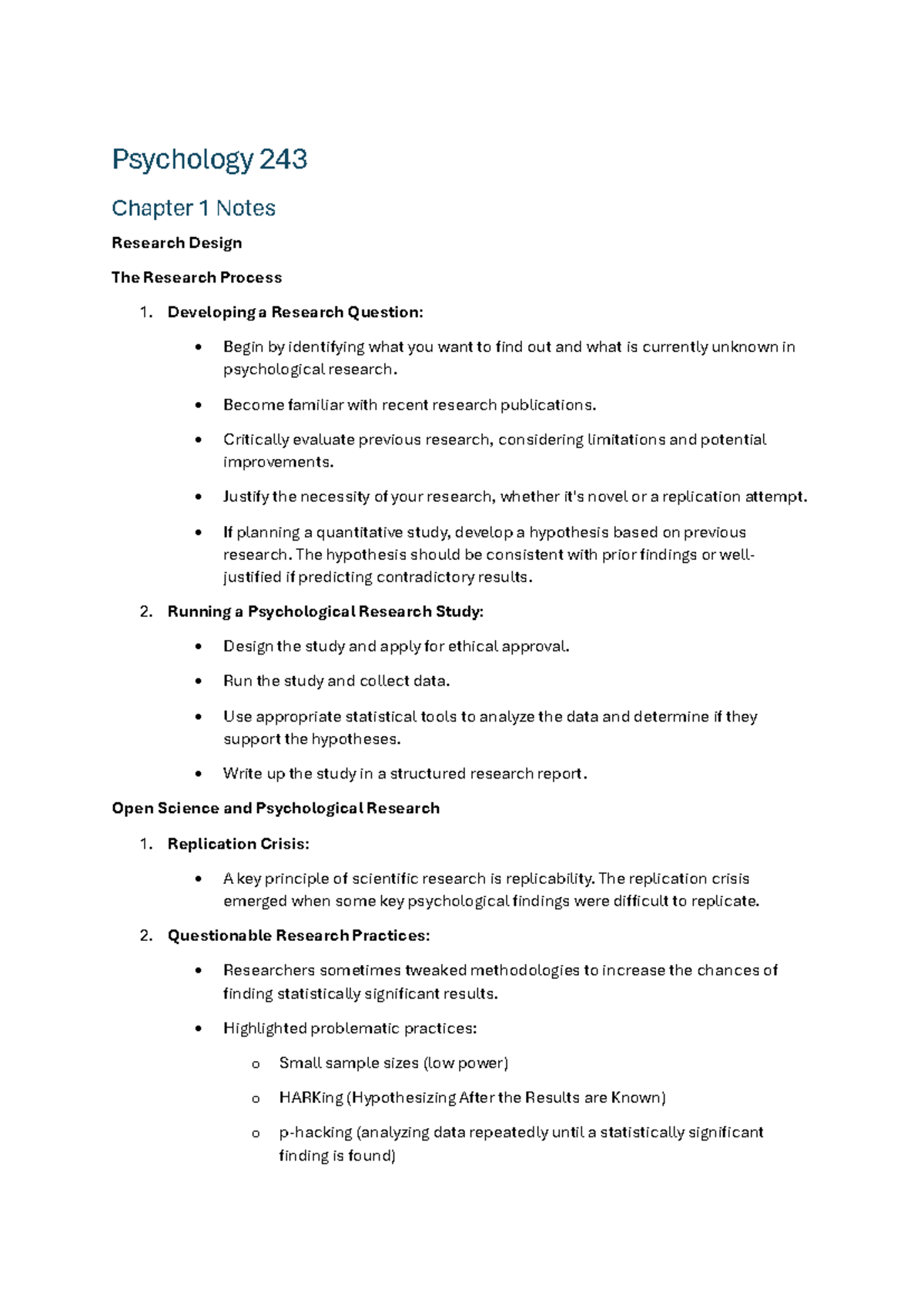 Psychology 243 Chapter 1 Notes: Research Design & Methodology Overview ...