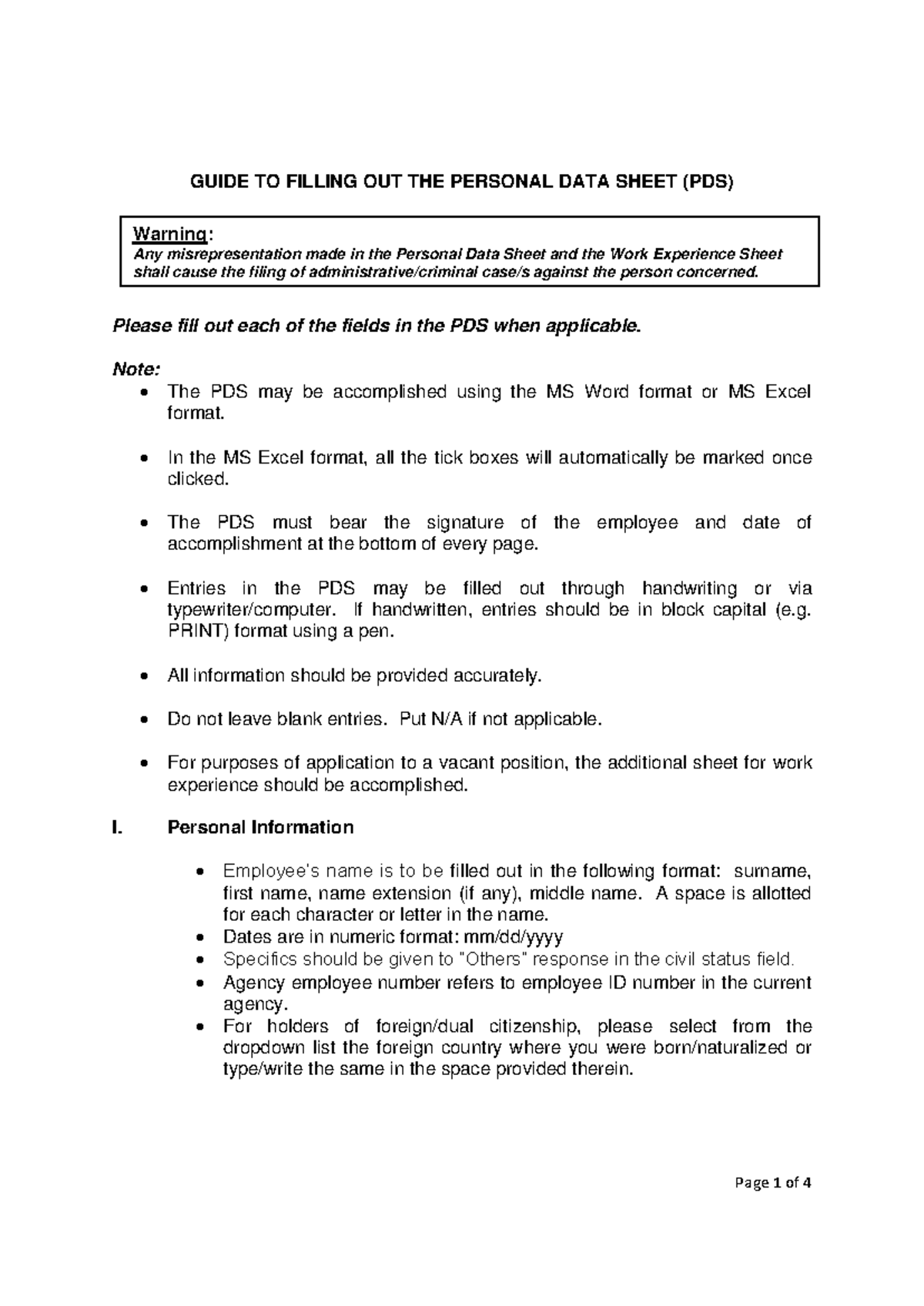 Guide to Completing the Personal Data Sheet (PDS) Instructions - Studocu