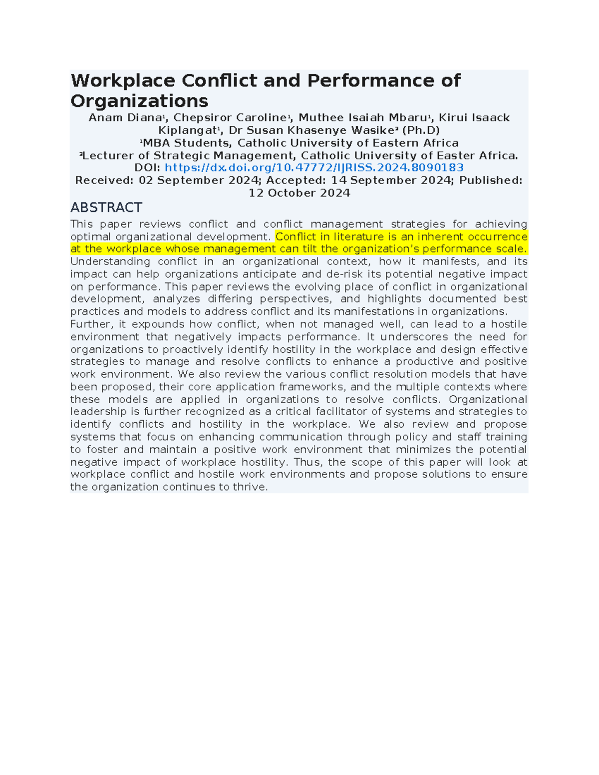 Workplace Conflict and Its Impact on Organizational Performance: MBA ...