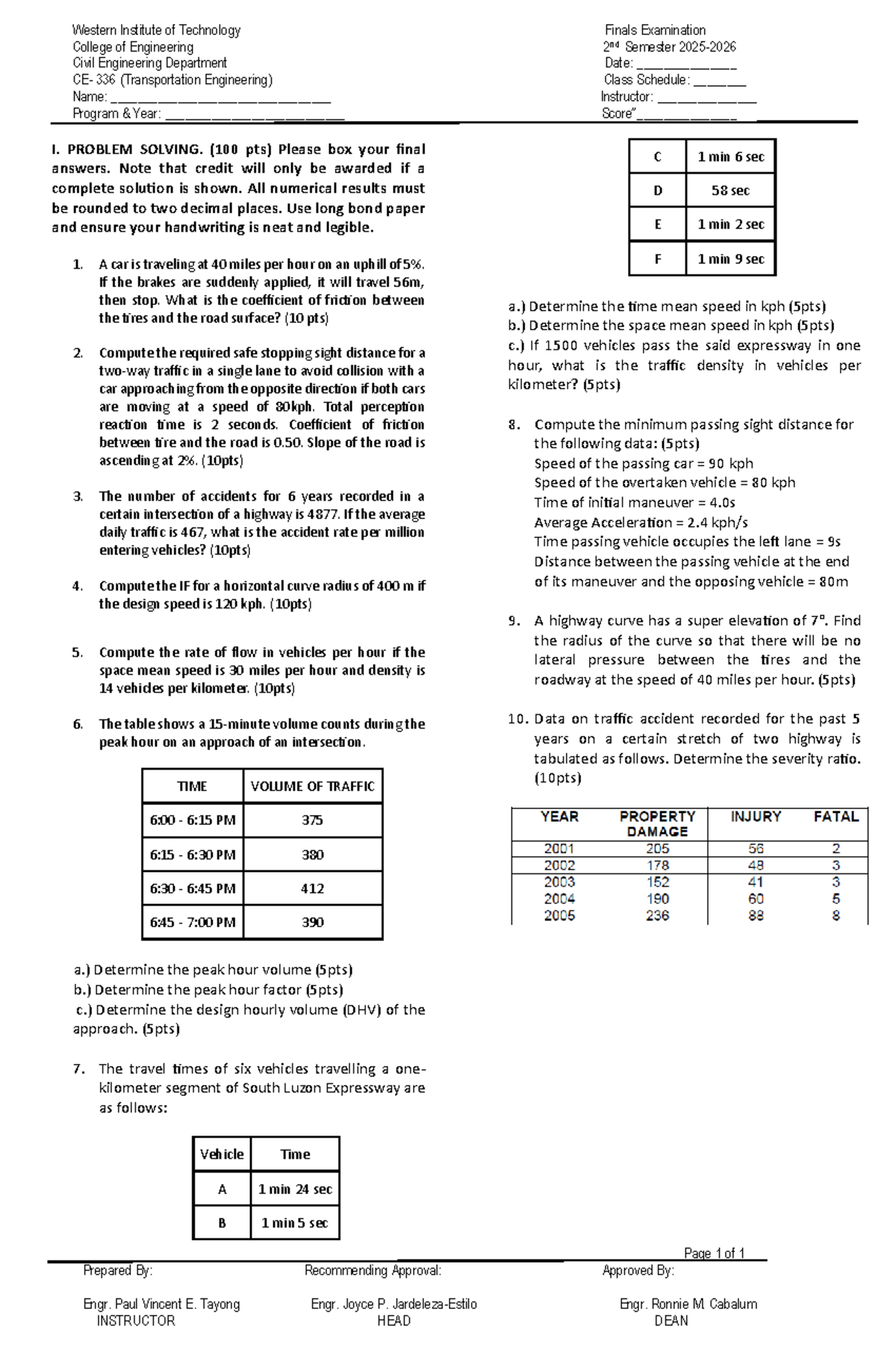 CE-336-Finals: Transportation Engineering Problem Solving Notes - Studocu