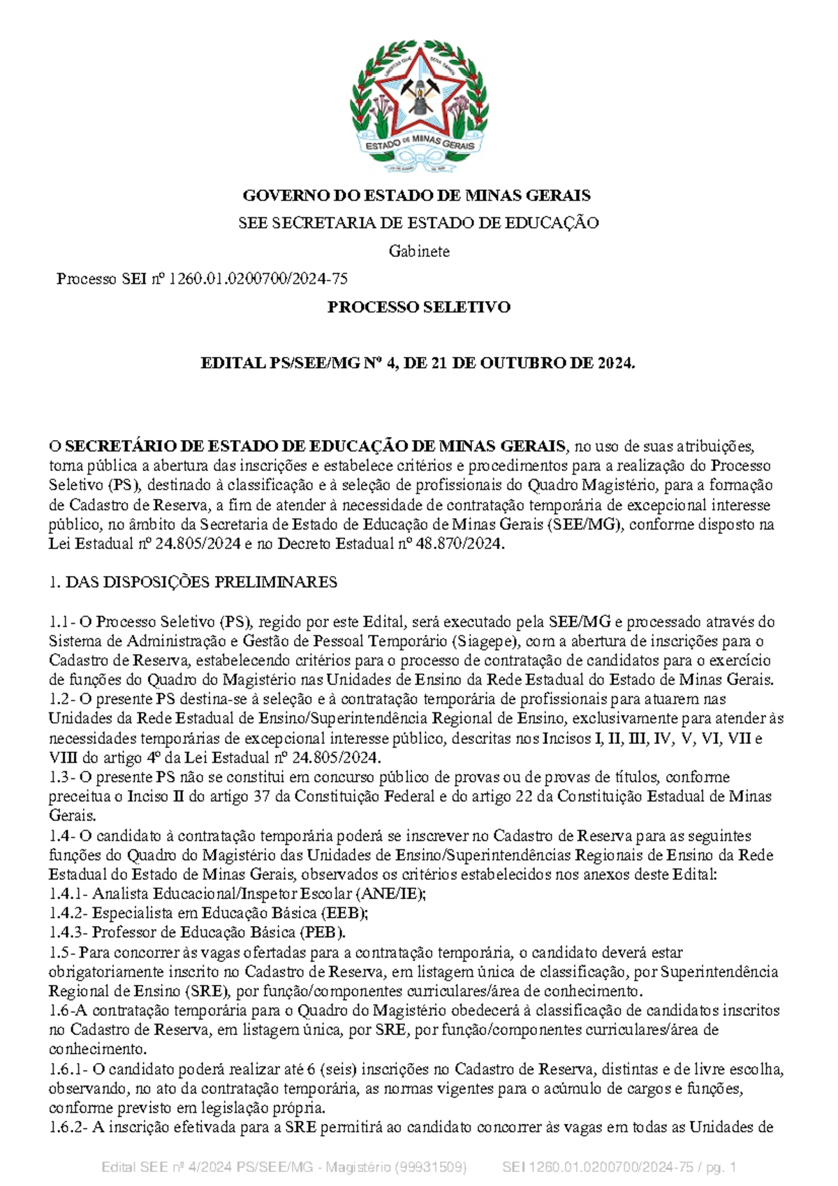 Edital do Processo Seletivo PS/SEE/MG 2024: Habilitação e Inscrições ...