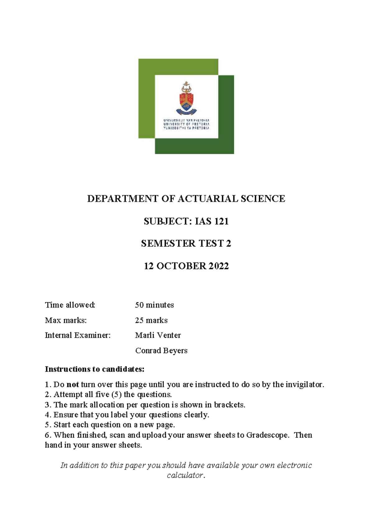 IAS 121 Semester Test 2 - Actuarial Science Past Paper 2022 - Studocu