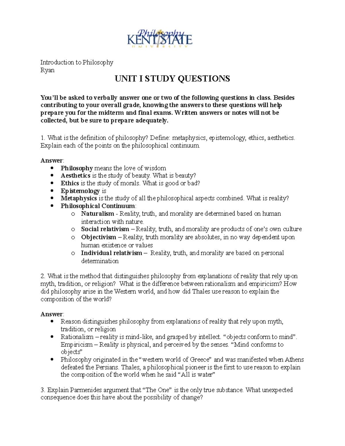 Unit 1 test study questions - Introduction to Philosophy Ryan UNIT I ...