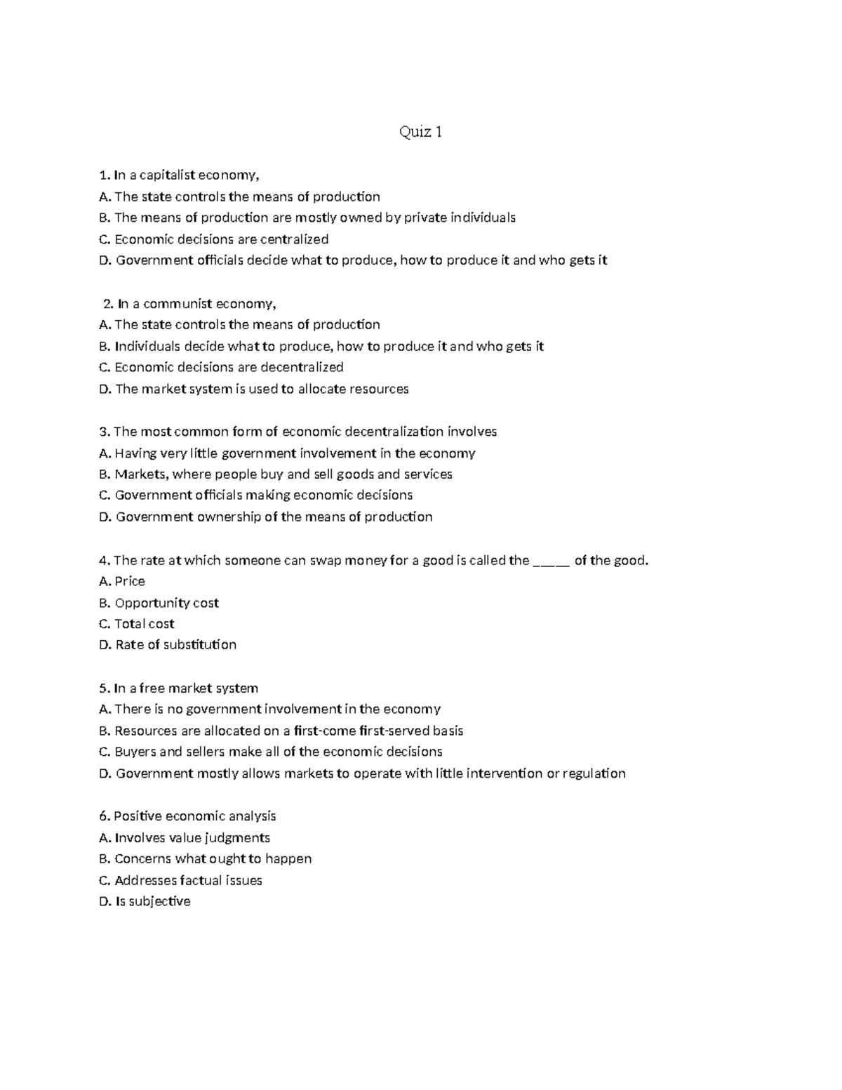 Quiz 1: Economic Systems and Market Analysis - Studocu