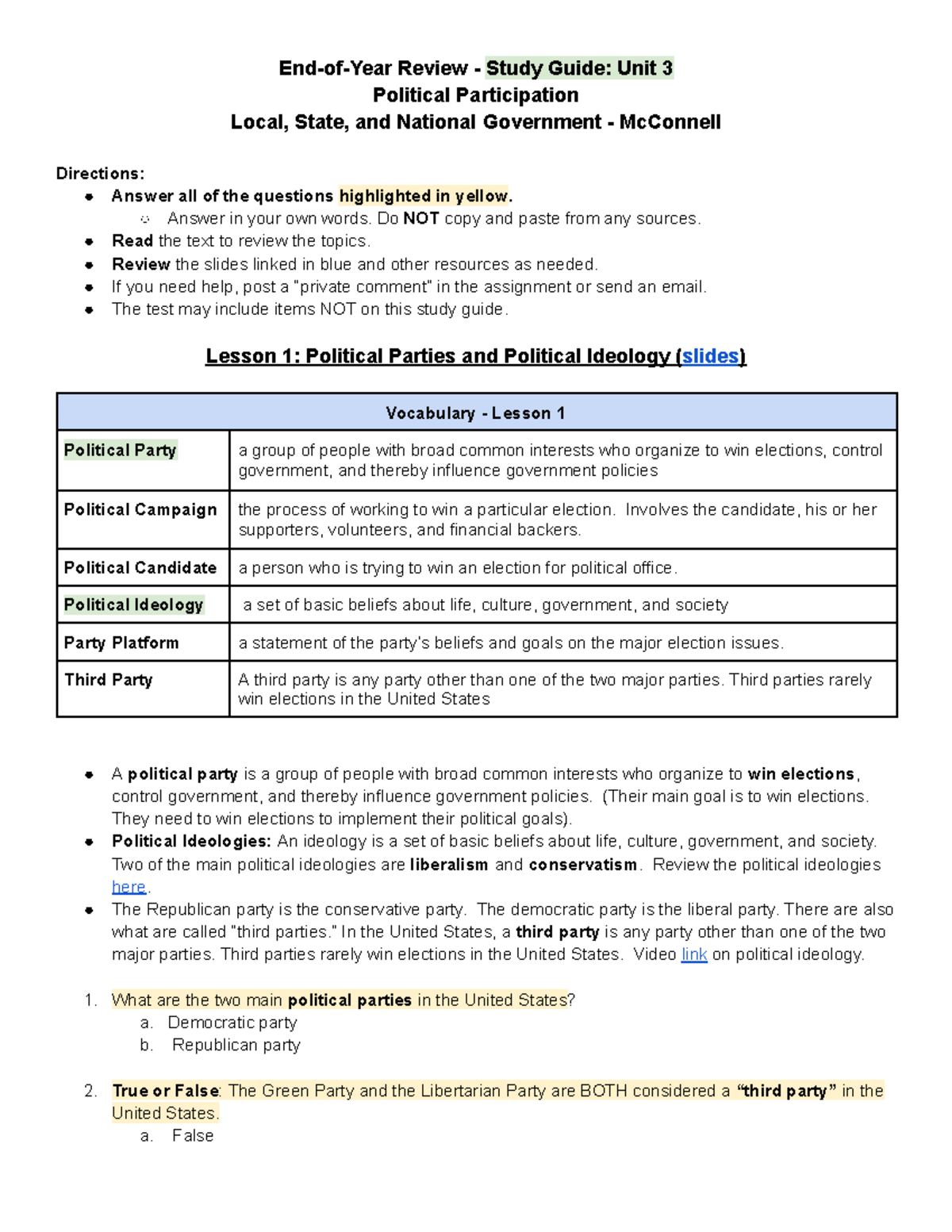 End of Year Review Study Guide - Unit 3: Political Participation - Studocu