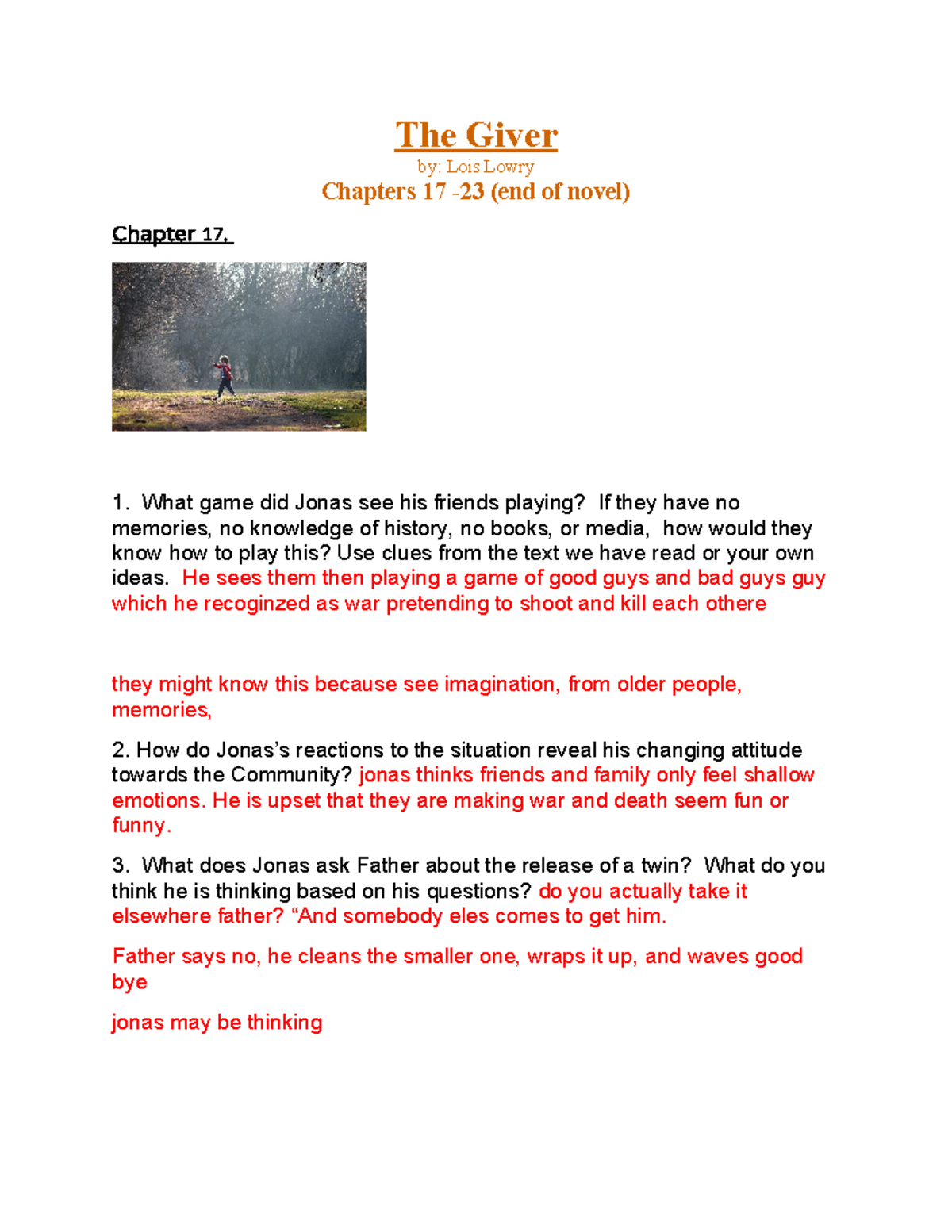 The Giver Chapter Analysis: Insights from Chapters 17-23 - Studocu