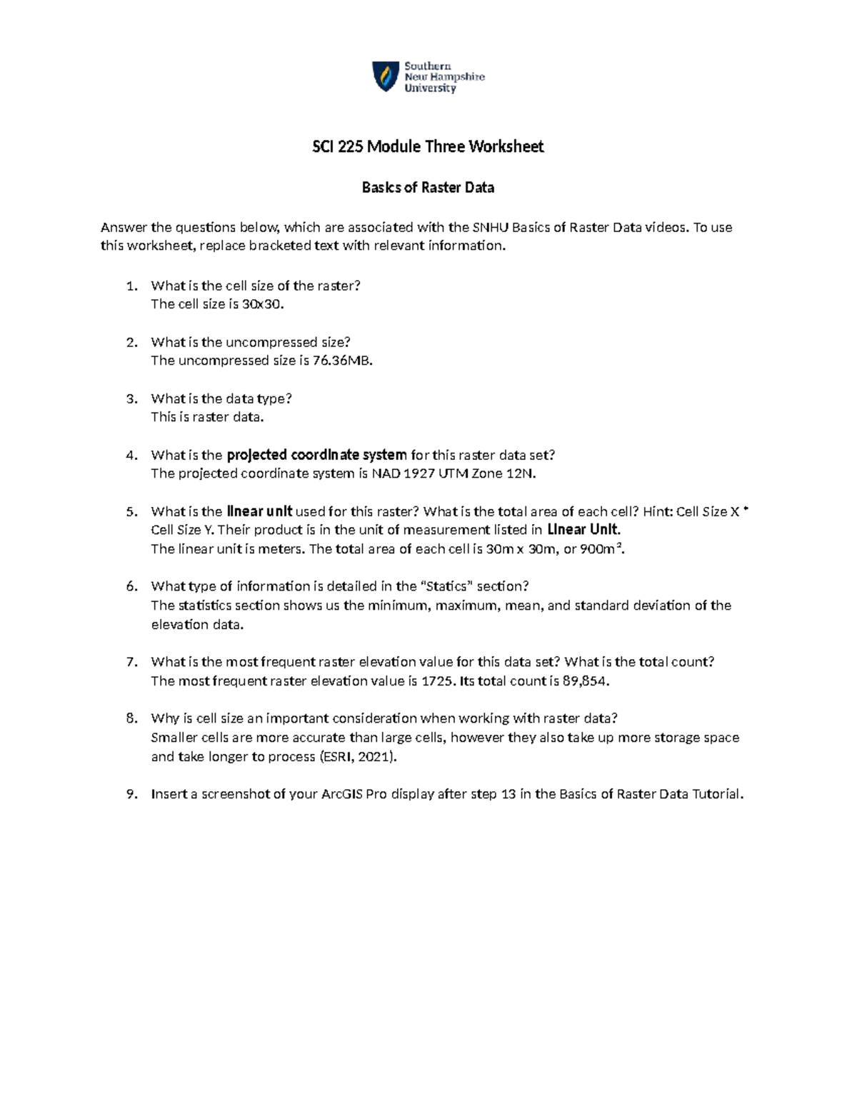 SCI 225 Module 3 Worksheet: Basics of Raster Data Analysis - Studocu