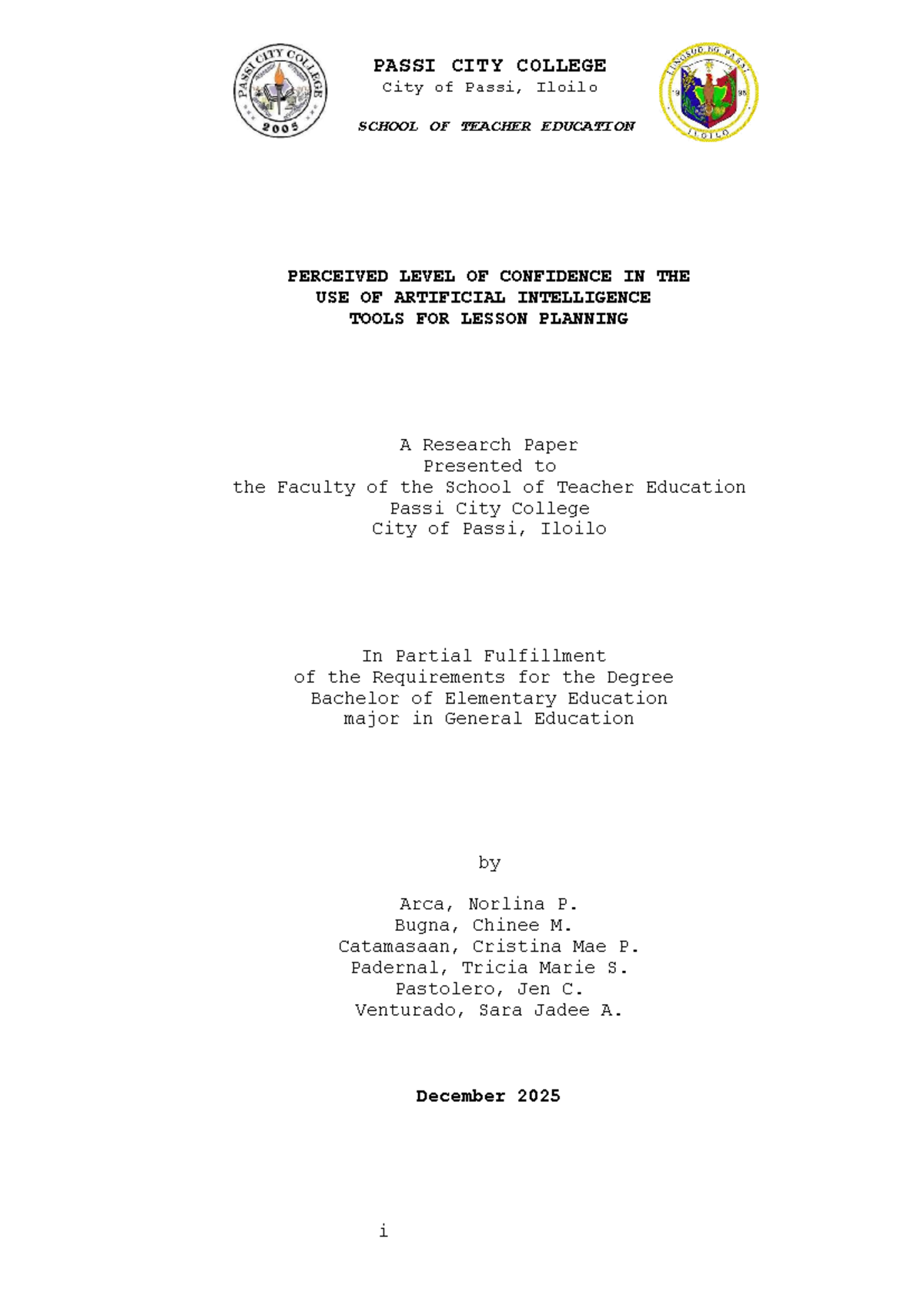 PASSI CITY COLLEGE PERCEIVED CONFIDENCE IN AI TOOLS FOR LESSON PLANNING ...