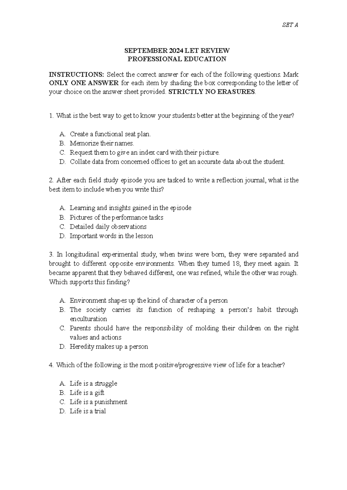Prof Ed Sept 2024 Let Review Material Set A Key Concepts And