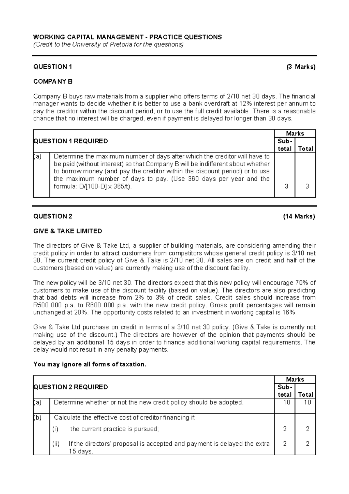 LU10 WORKING CAPITAL MANAGEMENT PRACTICE QUESTIONS - Studocu