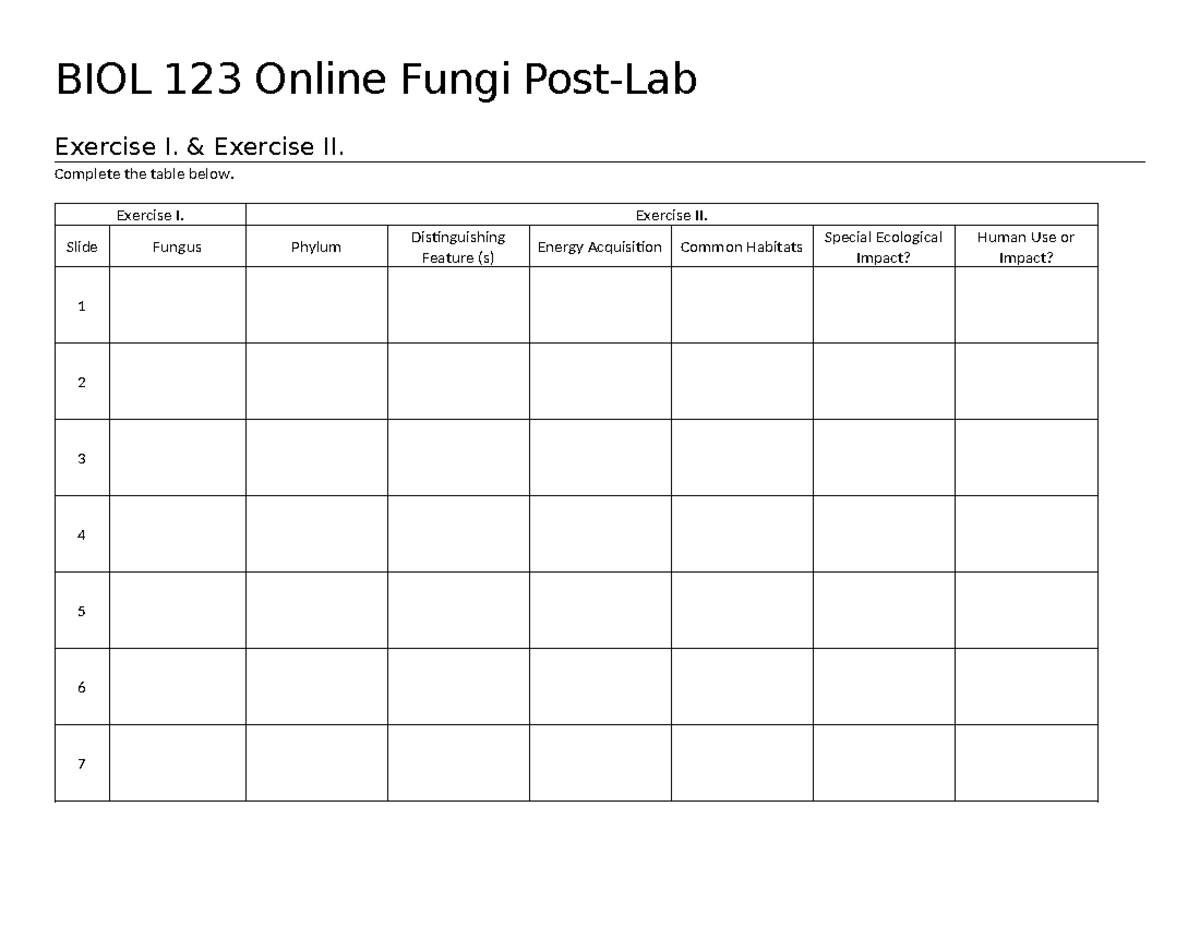 BIOL 123 Fungi Post-Lab Exercises: Tables & Analysis - Studocu