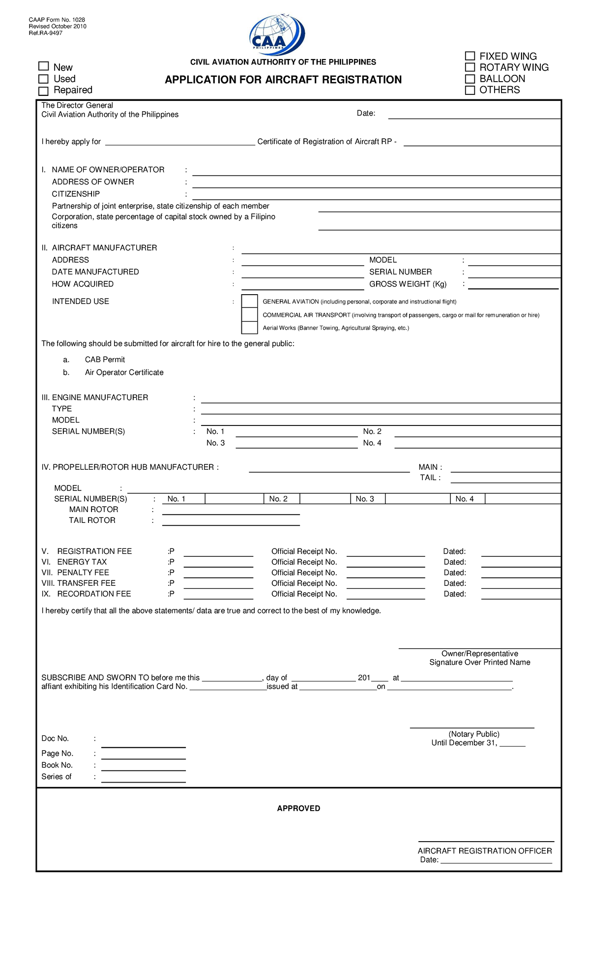 Aircraft Registration Form CAAP No. 1028 - Revised 2010 - Studocu