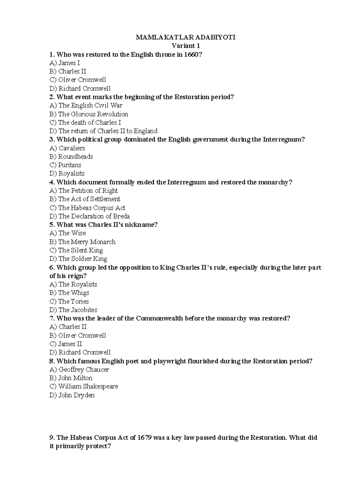 MAMLAKATLAR ADABIYOTI Final TEST Questions and Answers - Studocu