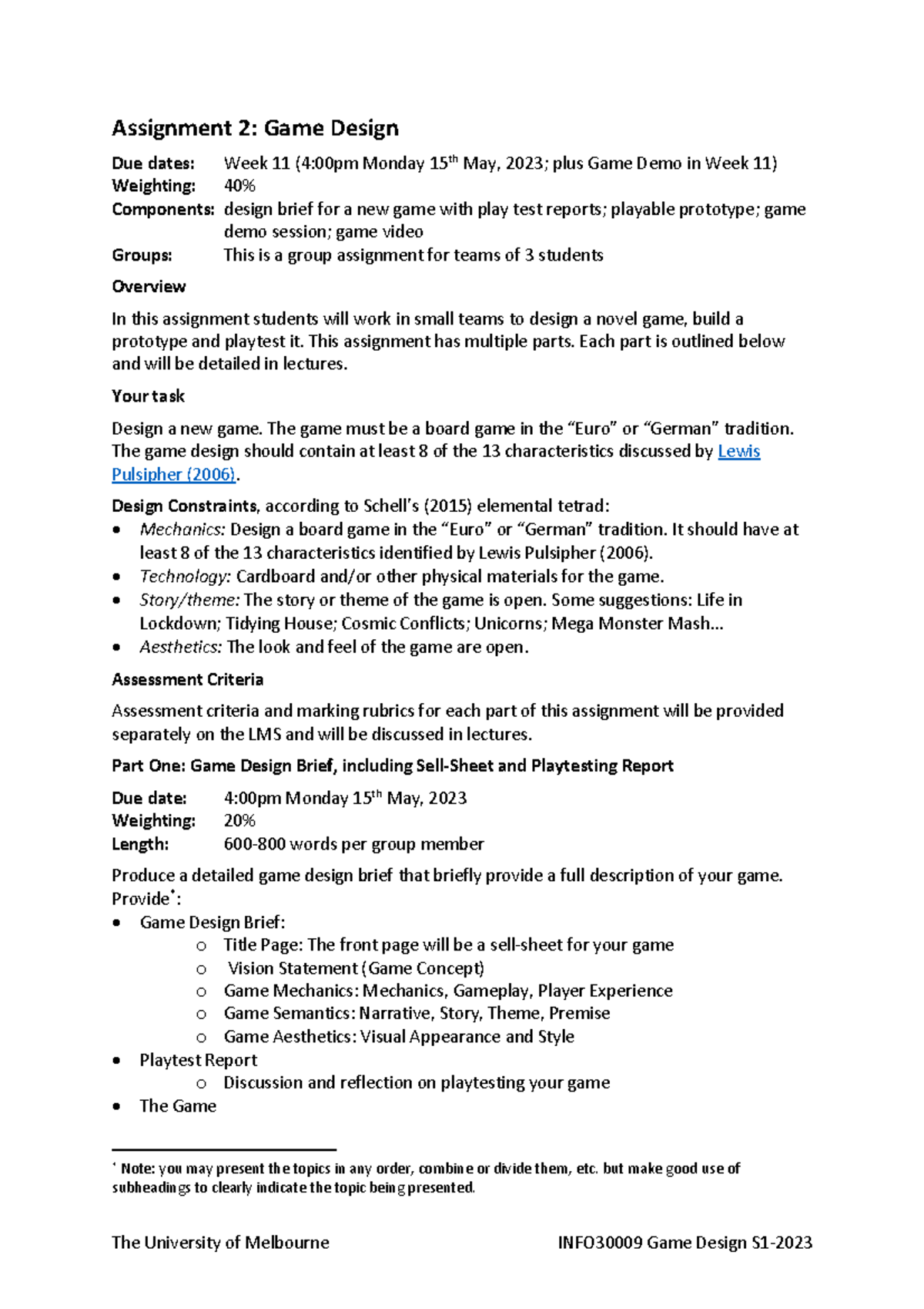 INFO30009 Assignment 2: Overview & Game Design Details 2023 - Studocu