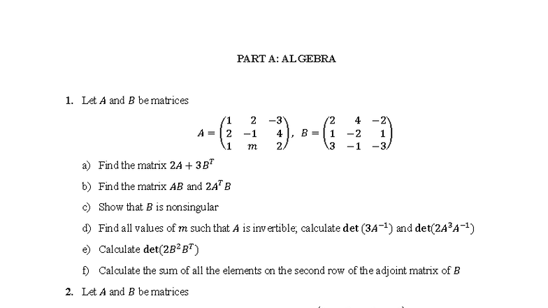 Exercises in Algebra: Matrix Operations and Determinants (MATH101 ...
