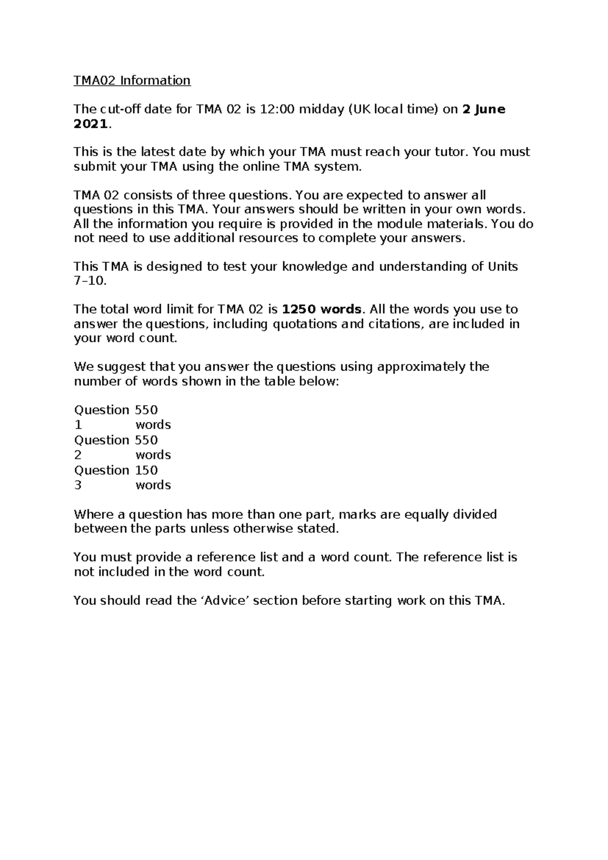 TMA02 Information - Submission Details & Requirements Overview - Studocu