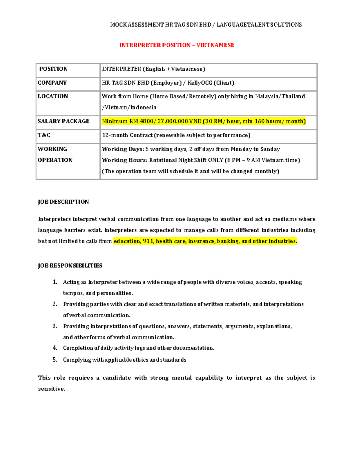 Interpreter Job Description Vietnamese - INTERPRETER POSITION ...