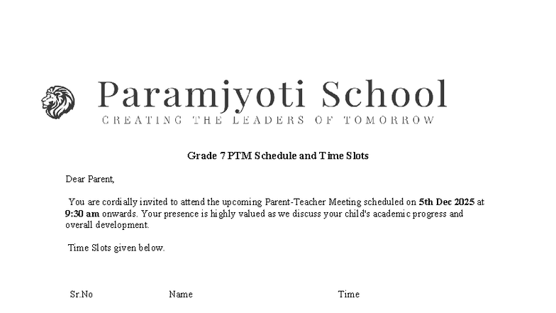 Grade 7 PTM Schedule and Time Slots - Your presence is highly valued as ...