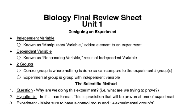 Biology 101 Final Exam Review: Experimental Design & Life Functions ...