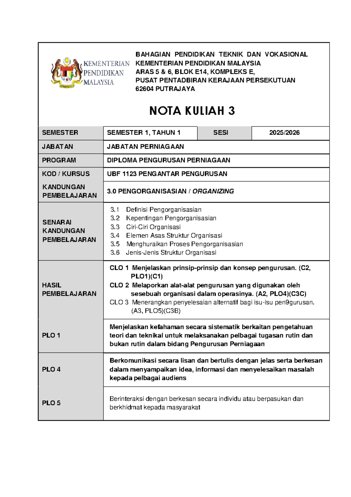 NOTA KULIAH 3 UBF 1123: PENGANTAR PENGURUSAN DAN PENGORGANISASIAN - Studocu