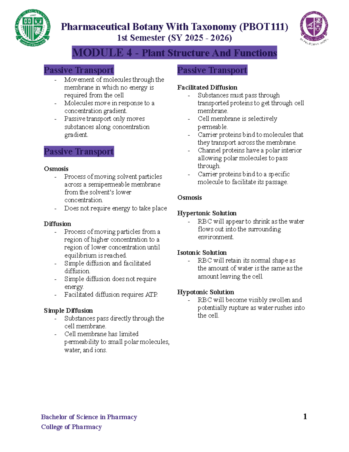 Pharmaceutical Botany & Taxonomy 1st Sem (SY 2025-2026) Module 4 Review ...