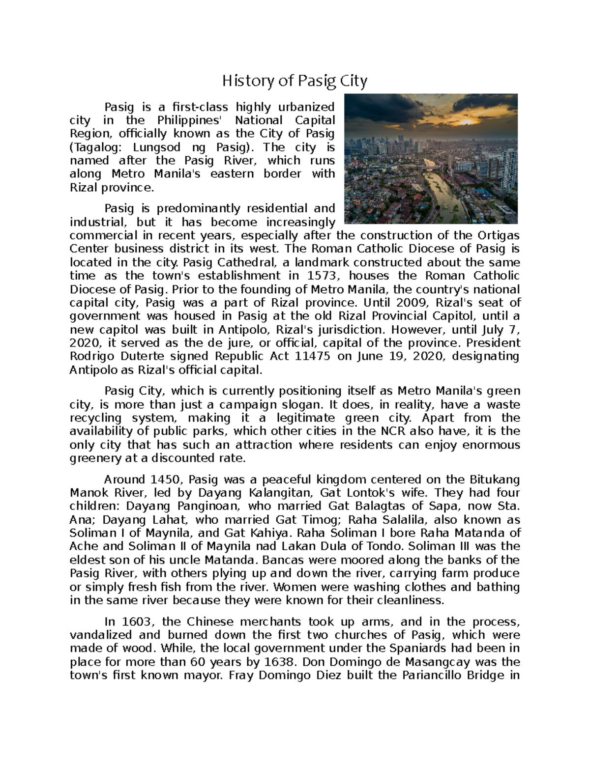 Historical Overview of Pasig City: Development & Culture - Studocu