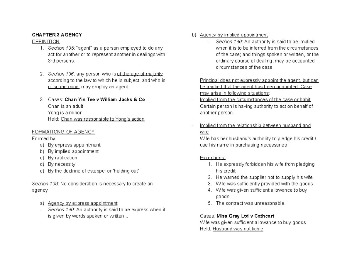 LAW299 - Chapter 3: Understanding Agency Concepts and Principles - Studocu