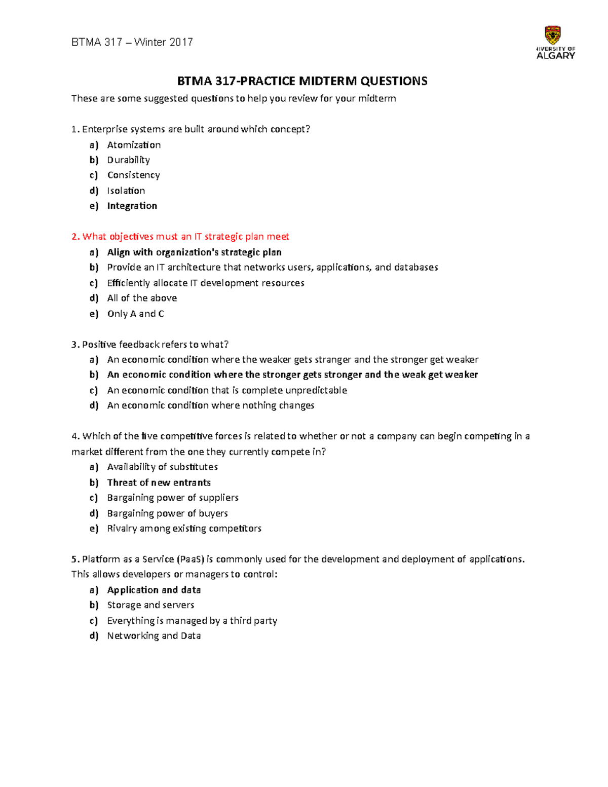 BTMA 317 Midterm 2017 Practice Questions and Answers - Studocu