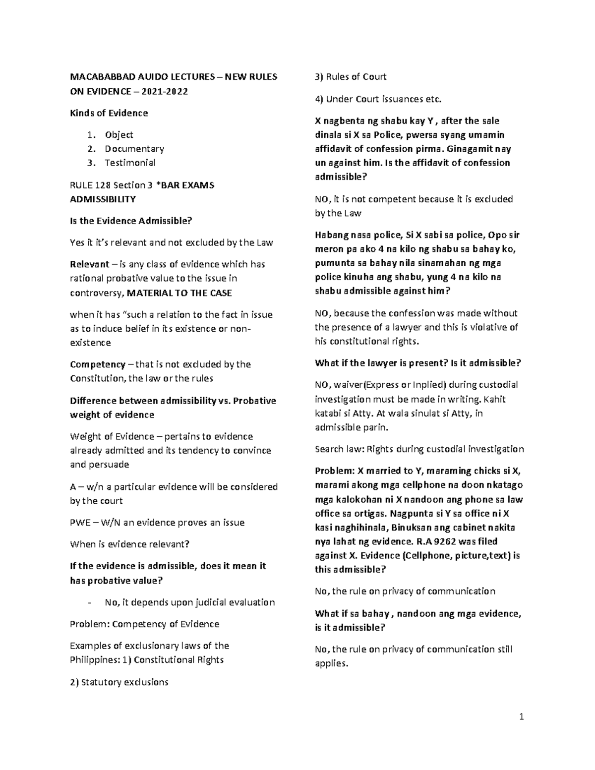 Macabbad Audio Lectures: Rules on Evidence Overview (2021) - Studocu