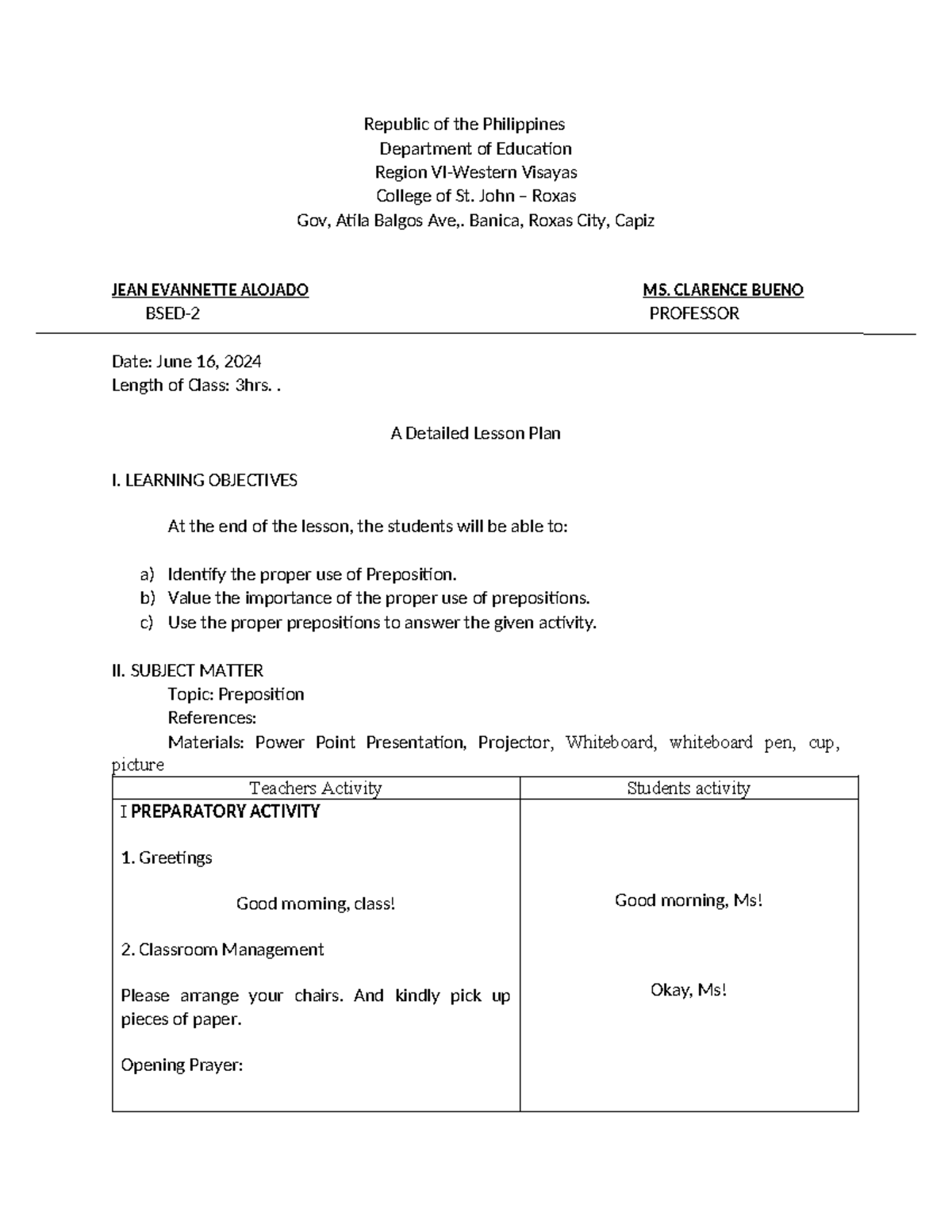 Detailed Lesson Plan on Prepositions - ENG 101 - Studocu