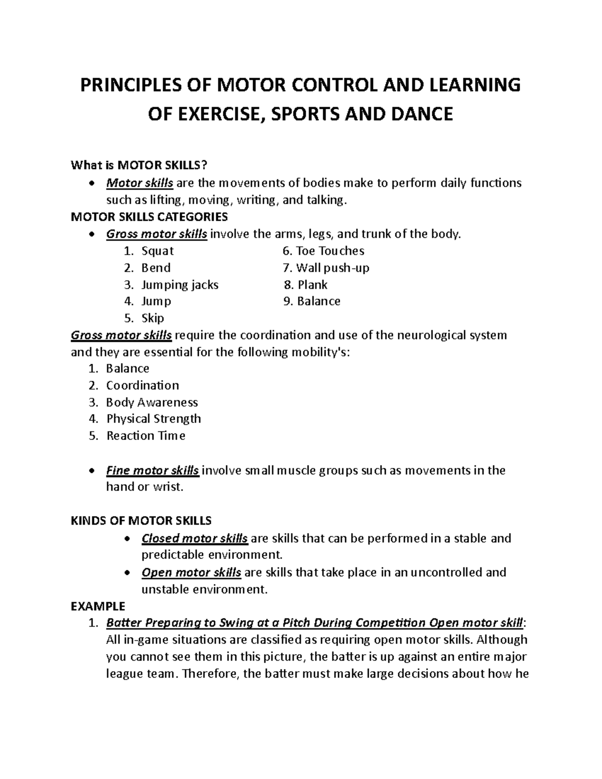 BPED-85 - Principles of Motor Control and Learning Overview - Studocu