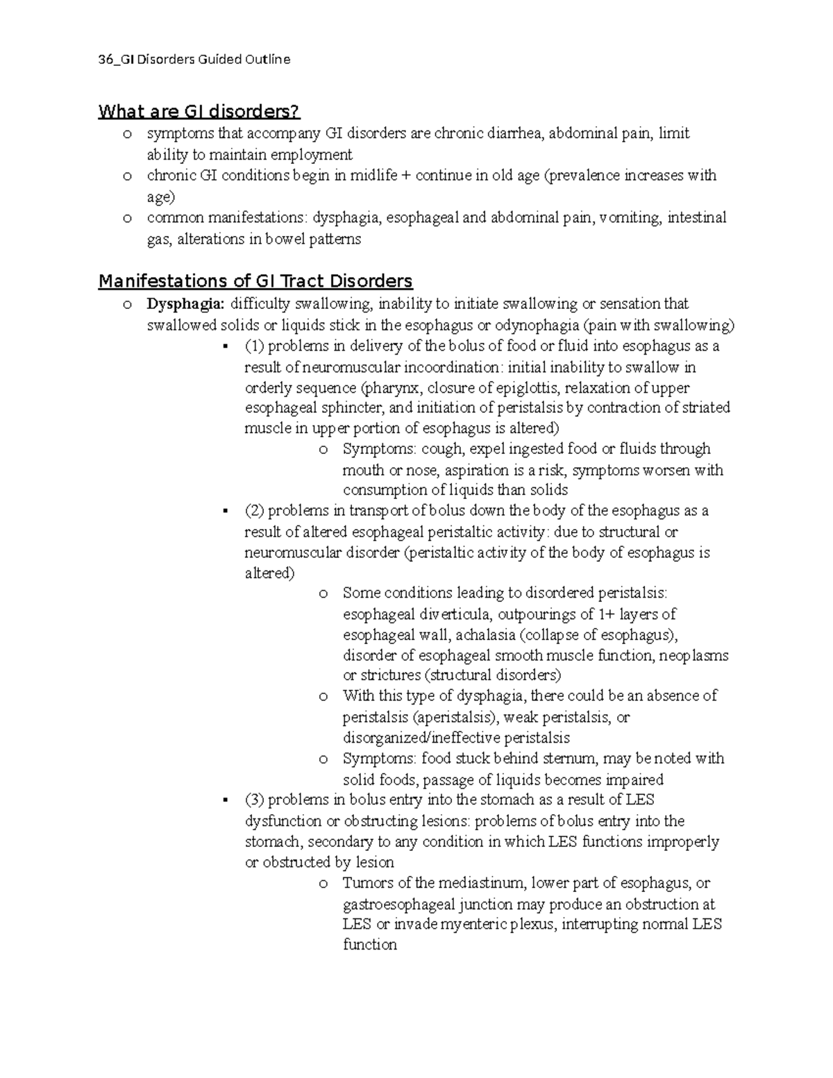 36_GI Disorders Overview: Symptoms, Diagnosis, and Manifestations - Studocu