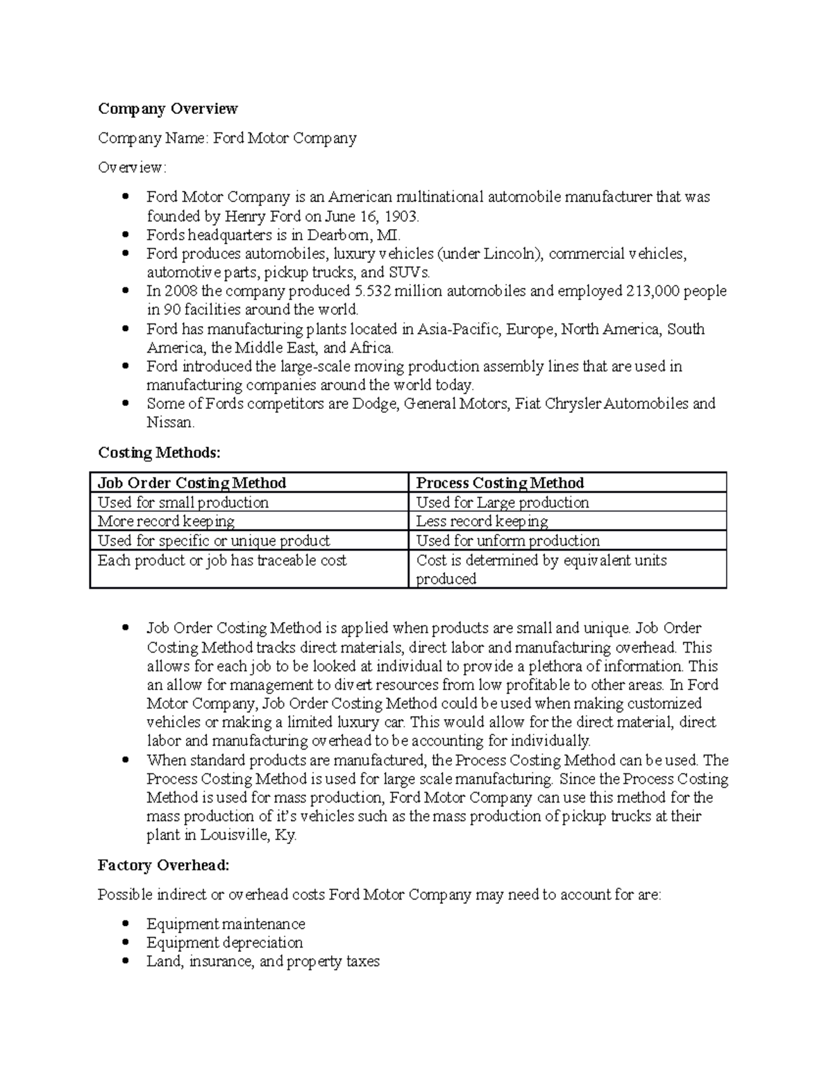 3-2 Assignment - Costing Methods for Ford Motor Company Analysis - Studocu