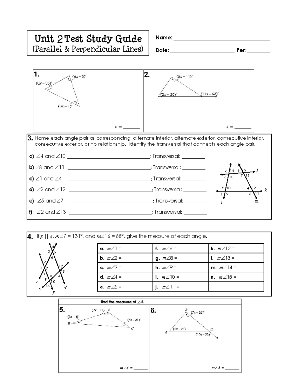 Unit 3 Test Study Guide: Parallel & Perpendicular Lines - Studocu