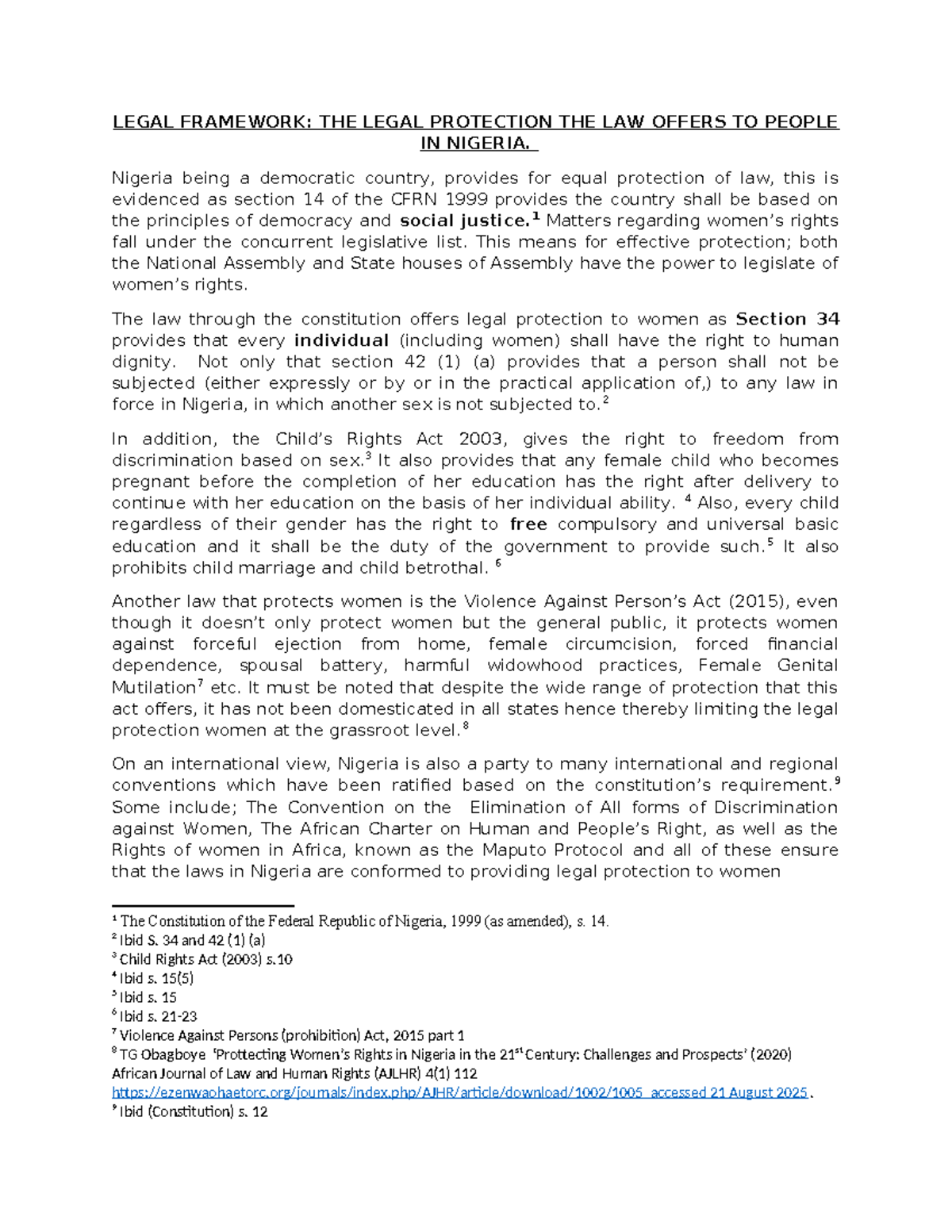 LEGAL FRAMEWORK: LEGAL PROTECTION FOR WOMEN IN NIGERIA - DOCTRINAL ...